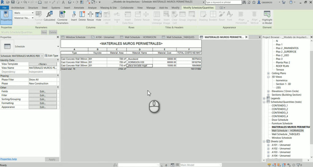 Revit Schedules materiales Material takeoff Tablas Cuantificación – IBIM